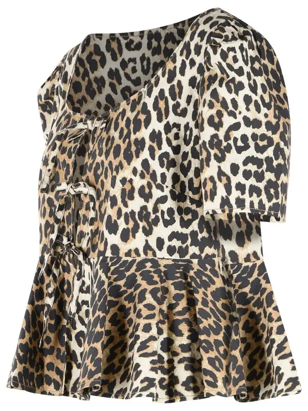 GANNI Leopard Print Cotton Blouse - Brown