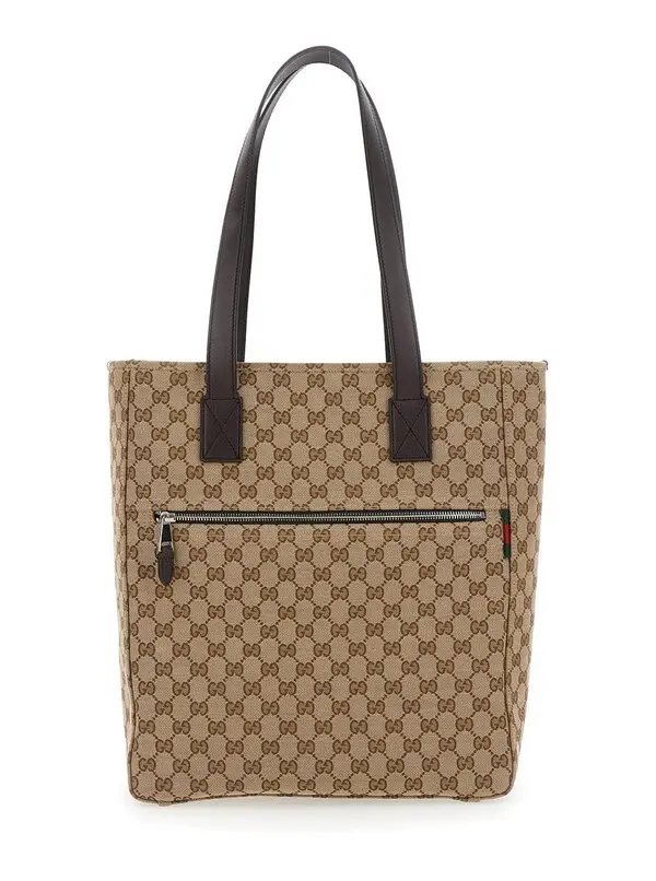 Gucci Beige Tote Bag With Two Top Leather Handles And Front Zip Pocket In Gg Canvas - Multicolor