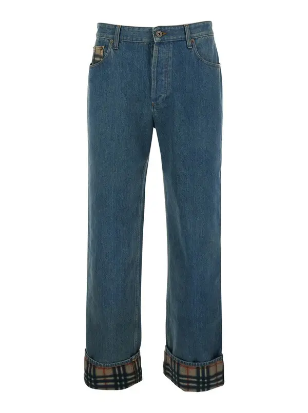 Burberry Dexter' Blue Jeans With Stonewash Effect And Check Motif Hem In Denim For - Multicolor