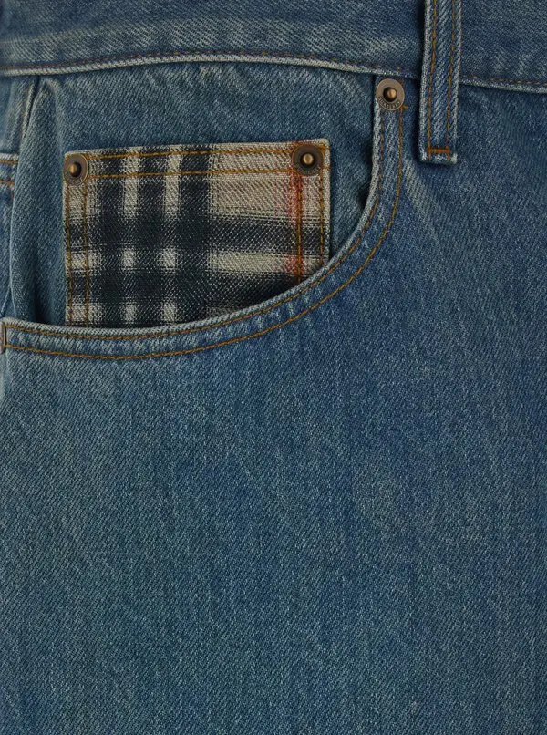 Burberry Dexter' Blue Jeans With Stonewash Effect And Check Motif Hem In Denim For - Multicolor