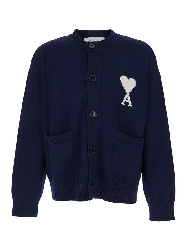 AMI Paris Blue Crew Neck Cardigan With Contrasting Adc Logo On The Front In Cotton And Wool Blend - Multicolor