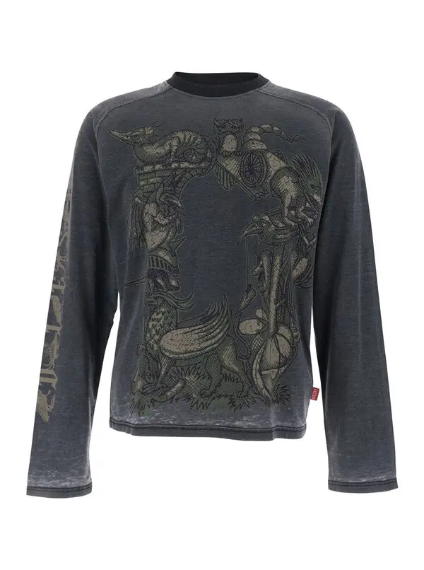 DIESEL® Gray T-shirt With Long Sleeves And Print On The Front In Cotton Blend For - Multicolor