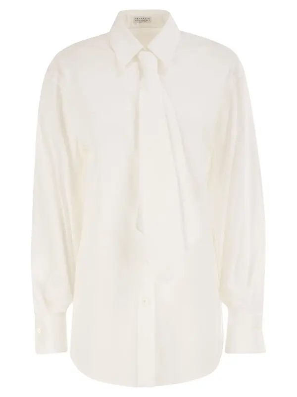 Brunello Cucinelli Stretch Cotton Shirt With Tie - White