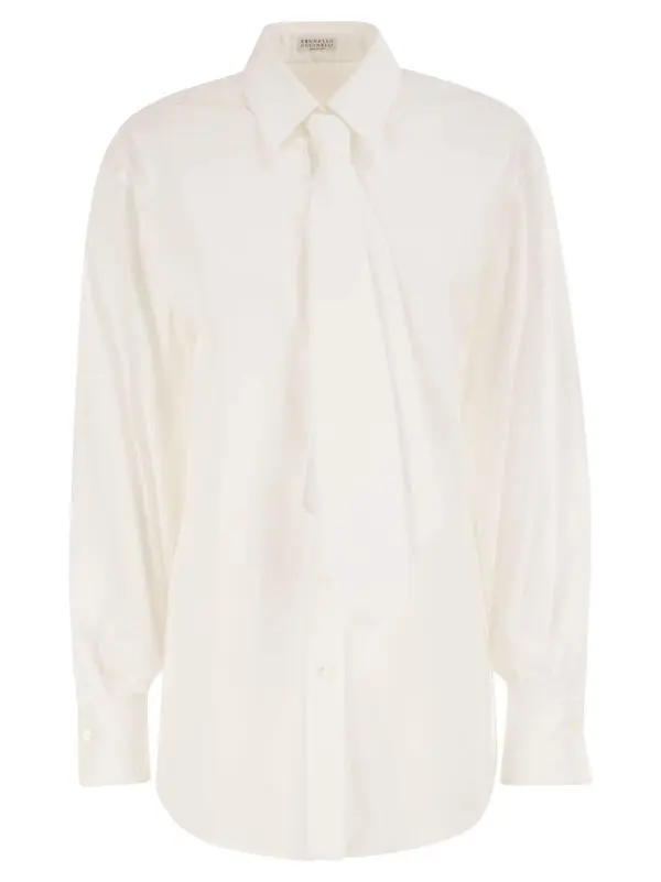 Brunello Cucinelli Stretch Cotton Shirt With Tie - White
