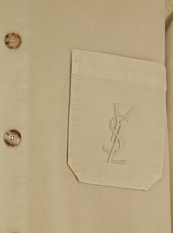 Saint Laurent Beige Shirt With Classic Collar And Cassandre Embroidery On The Front In Cotton For - Multicolor
