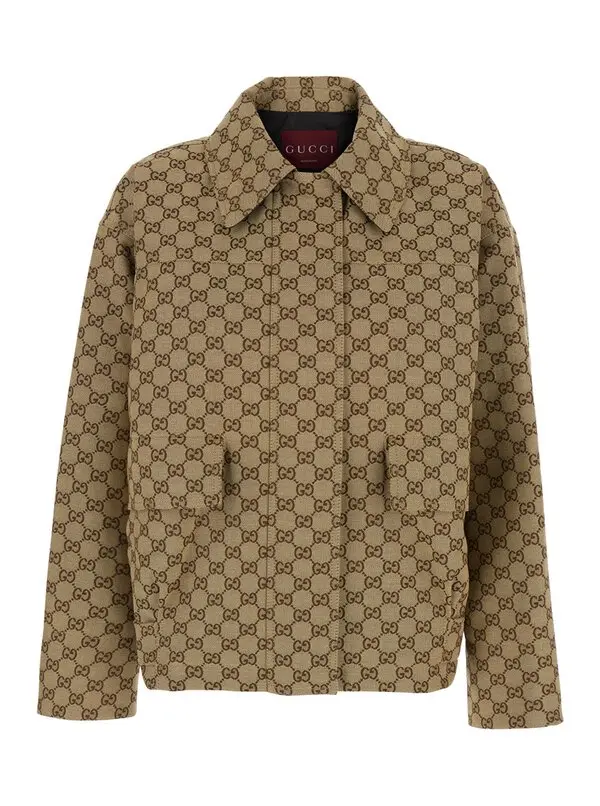 Gucci Brown Jacket With Classic Collar And All-over Gg Motif In Cotton For - Multicolor