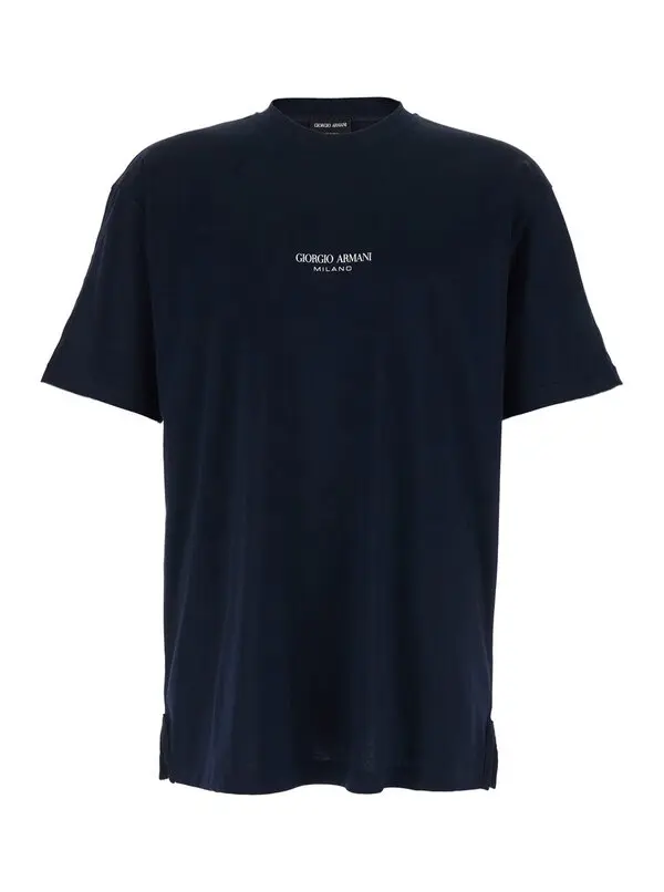 Giorgio Armani Blue Crew-neck T-shirt With Raised Collar And Logo On The Front In Cotton - Multicolor