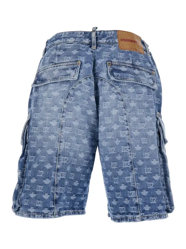 Dsquared2 Blue Five-pocket Bermuda Shorts With All-over Monogram Logo And Two Cargo Pockets In Denim