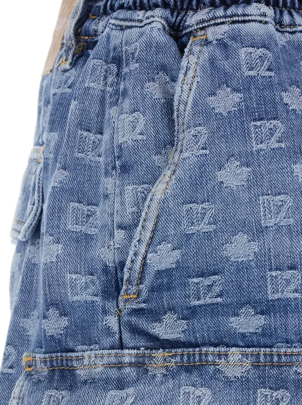 Dsquared2 Blue Five-pocket Bermuda Shorts With All-over Monogram Logo And Two Cargo Pockets In Denim