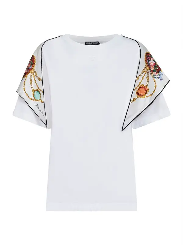 Dolce & Gabbana White Jersey T-shirt With Printed Silk Scarf - Multicolor