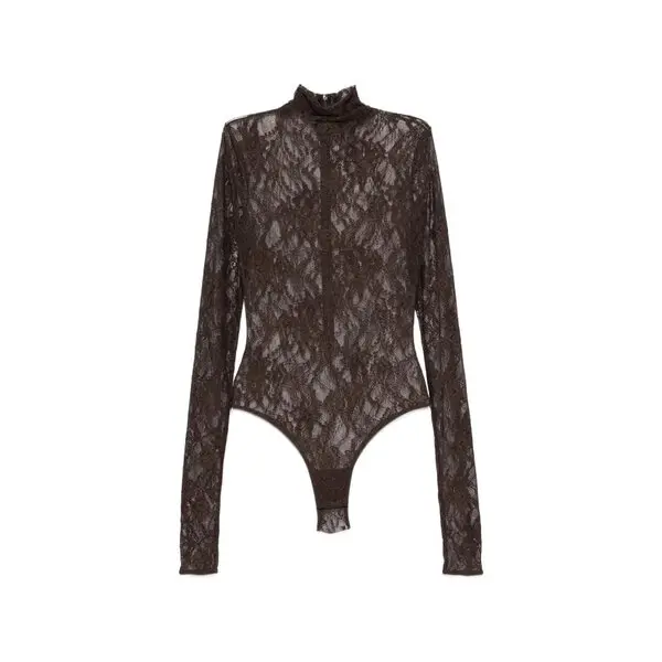 Andamane Lace Pattern High Neck Long Sleeves Slim Fit Top - Brown