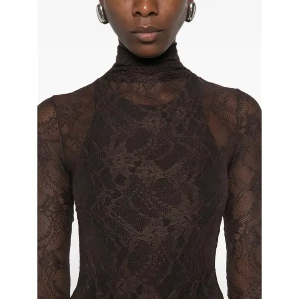 Andamane Lace Pattern High Neck Long Sleeves Slim Fit Top - Brown