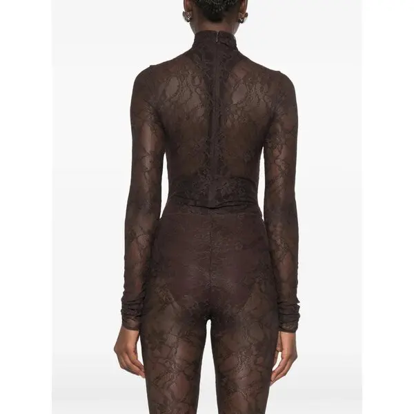 Andamane Lace Pattern High Neck Long Sleeves Slim Fit Top - Brown