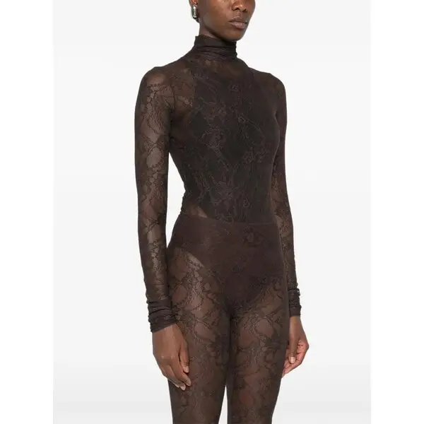 Andamane Lace Pattern High Neck Long Sleeves Slim Fit Top - Brown