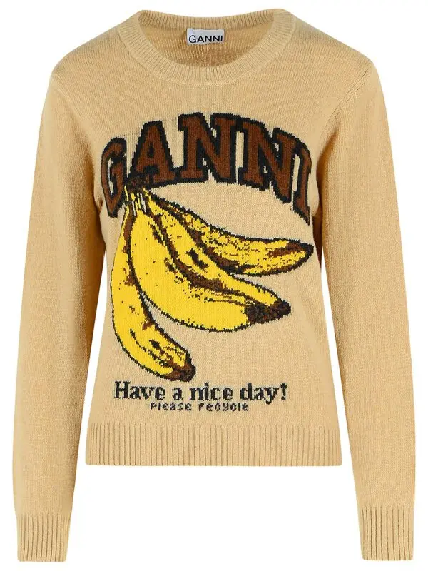 GANNI Wool Blend Graphic Sweater - Cream