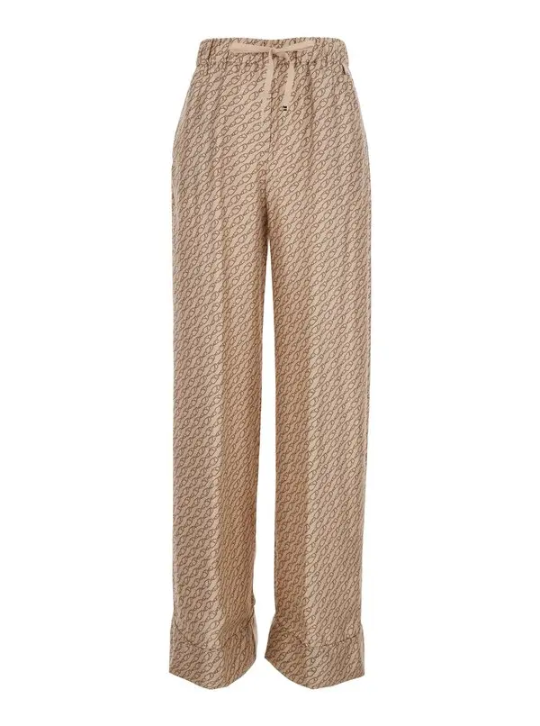 Herno Beige Silk Pants With Elastic Drawstring Waist And All-over Print - Multicolor