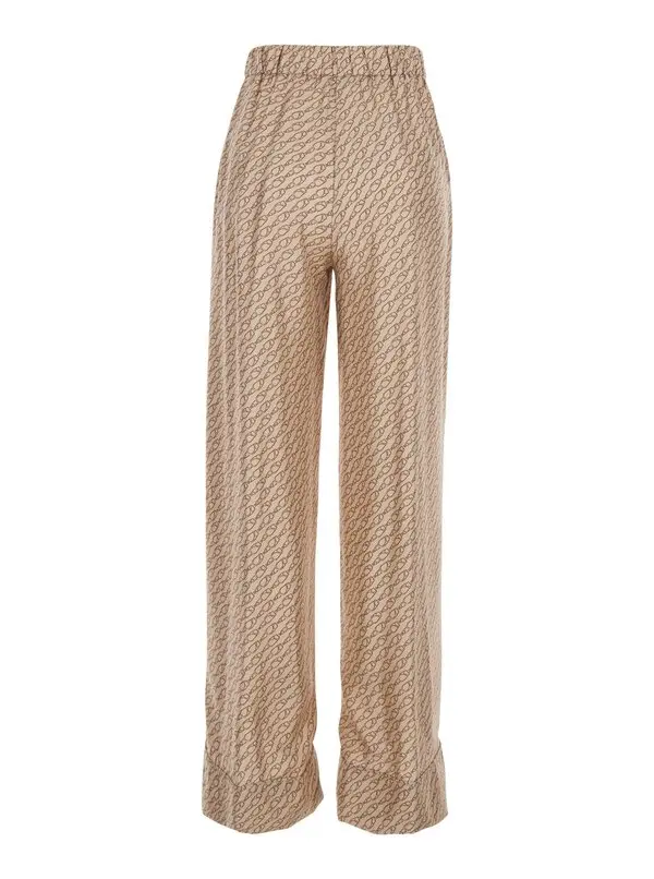 Herno Beige Silk Pants With Elastic Drawstring Waist And All-over Print - Multicolor