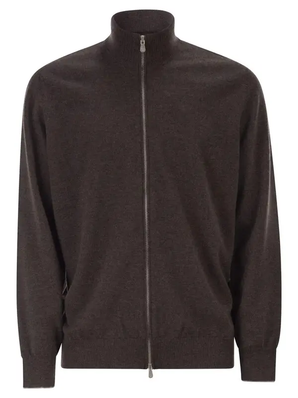 Brunello Cucinelli High-necked Cashmere Cardigan With Zip - Brown