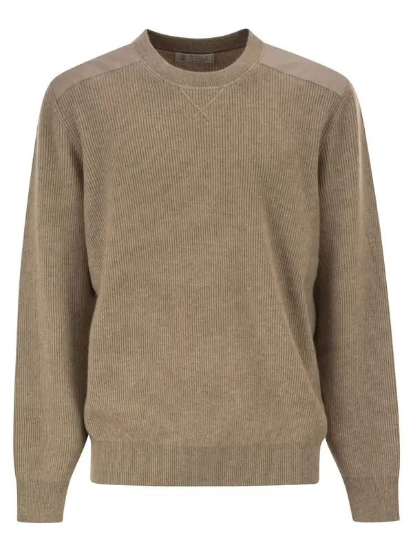 Brunello Cucinelli Pure Cashmere Ribbed Crew-neck Sweater With Cotton Details - Cream