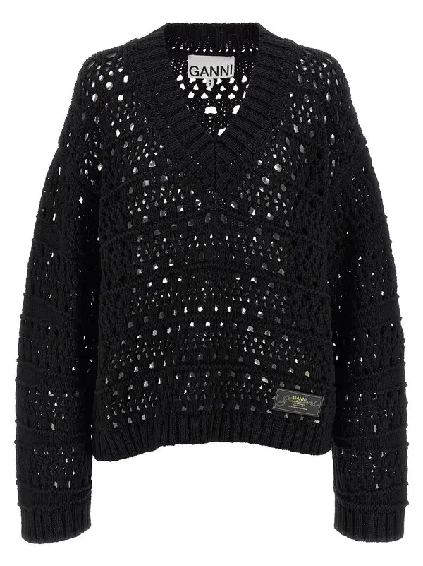 GANNI Crochet V-neck' Sweater - Black