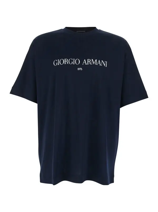 Giorgio Armani Blue Crew Neck T-shirt With Logo Lettering On The Front In Cotton For - Multicolor