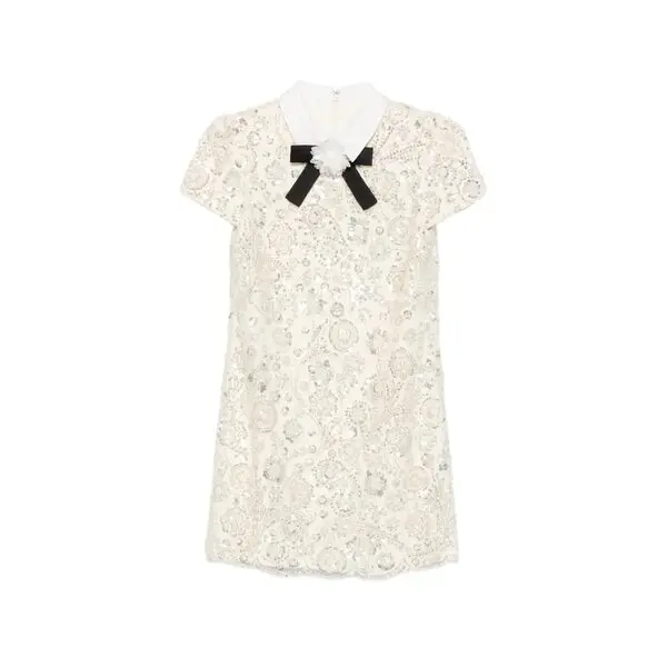 SELF-PORTRAIT Sequin Embellished Peter Pan Collar Cocktail & Party Dress - Cream