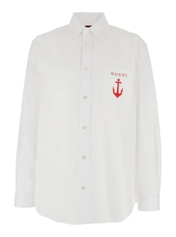 Gucci White Shirt With Classic Collar And Logo Detail On The Front In Cotton - Multicolor