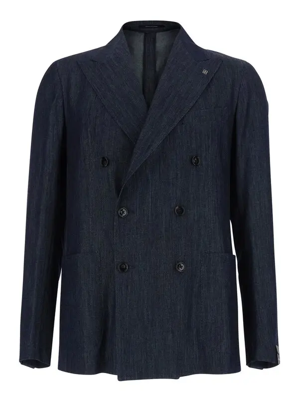 Tagliatore Blue Double-breasted Jacket With Peak Revers In Denim For