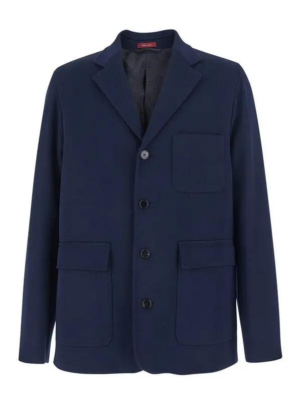 Gucci Blue Jacket With Notched Revers And Applied Pockets In Cotton For