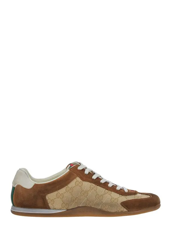Gucci Beige Low Top Sneakers With Web Detail On Tongue And Heel In Gg Fabric And Suede For - Brown