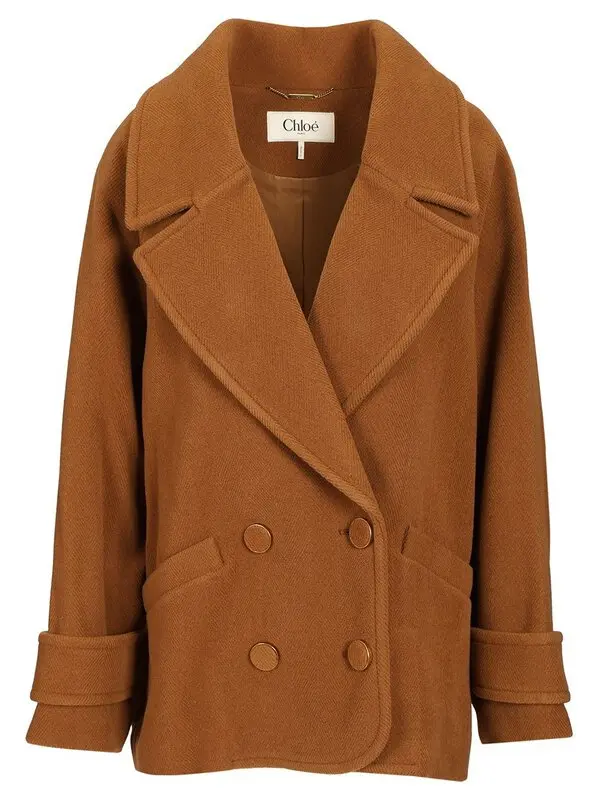 Chloé Short Double-breasted Wool Coat With Herringbone Pattern - Brown
