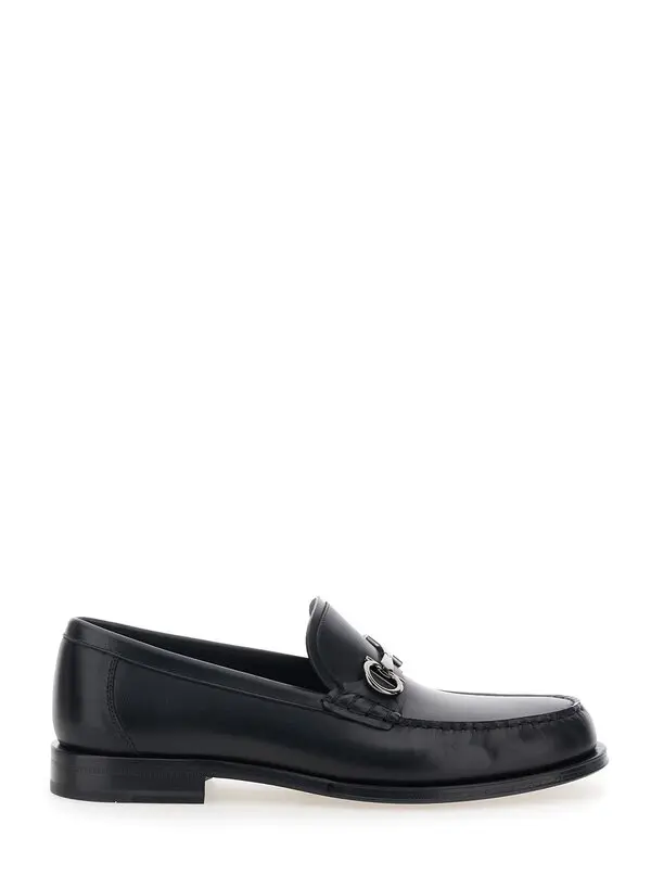FERRAGAMO Loafers With Gancini Metal Detail On The Front In Leather - Black