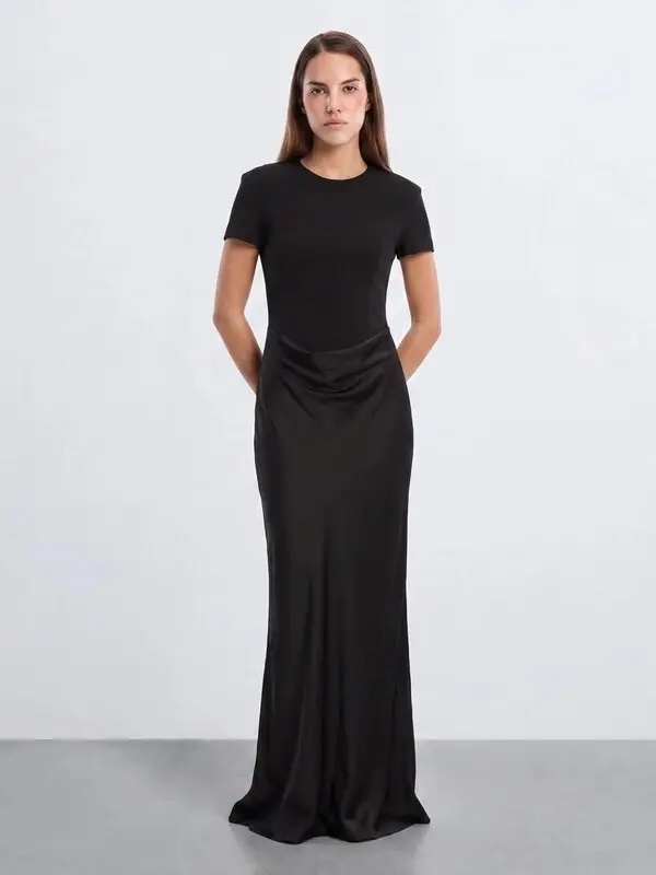 ROTATE BY BIRGER CHRISTENSEN Long Dress With Short Sleeves And Drape - Black
