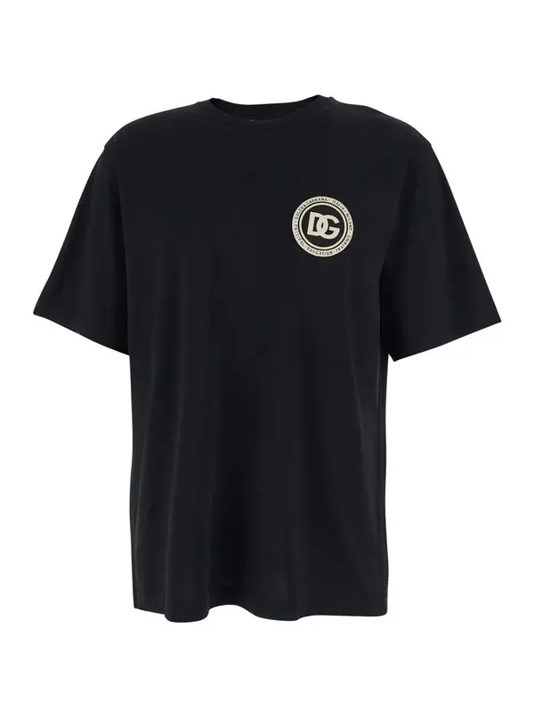 Dolce & Gabbana Crew Neck T-shirt With Logo Embroidery On The Front In Cotton For - Black