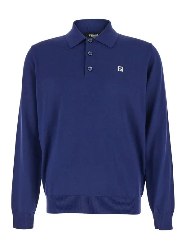 Fendi Blue Long Sleeve Polo With Classic Collar And Ff Plate On The Front In Wool For - Multicolor