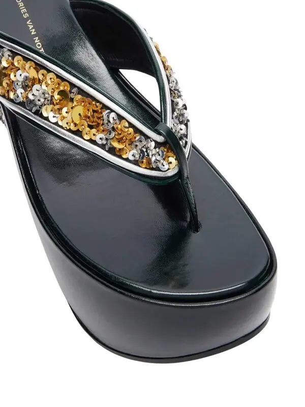 Dries Van Noten Sequined Wedge Flip-flop Sandals