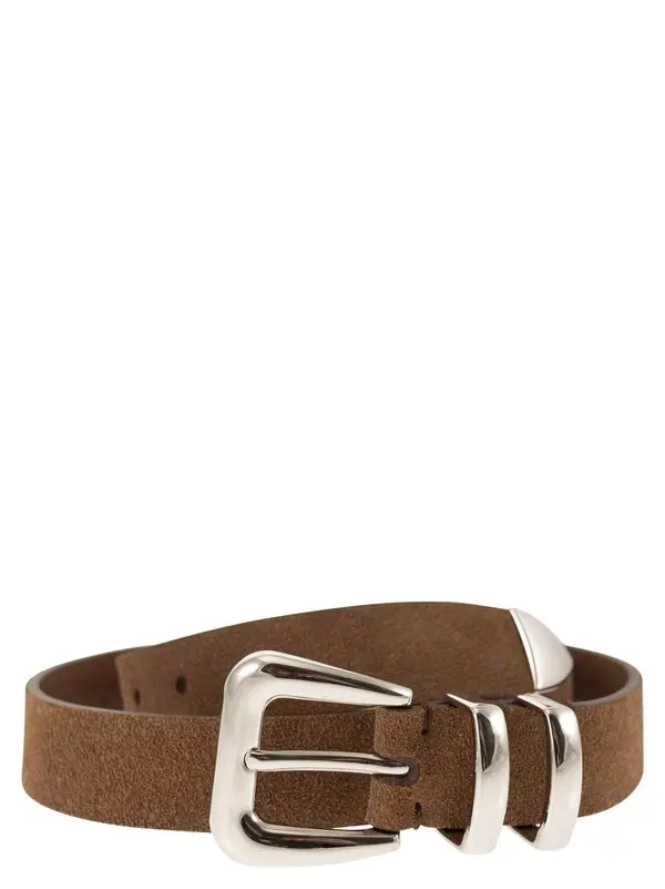 Brunello Cucinelli Slim Suede Belt With Polished Metal Details - Brown