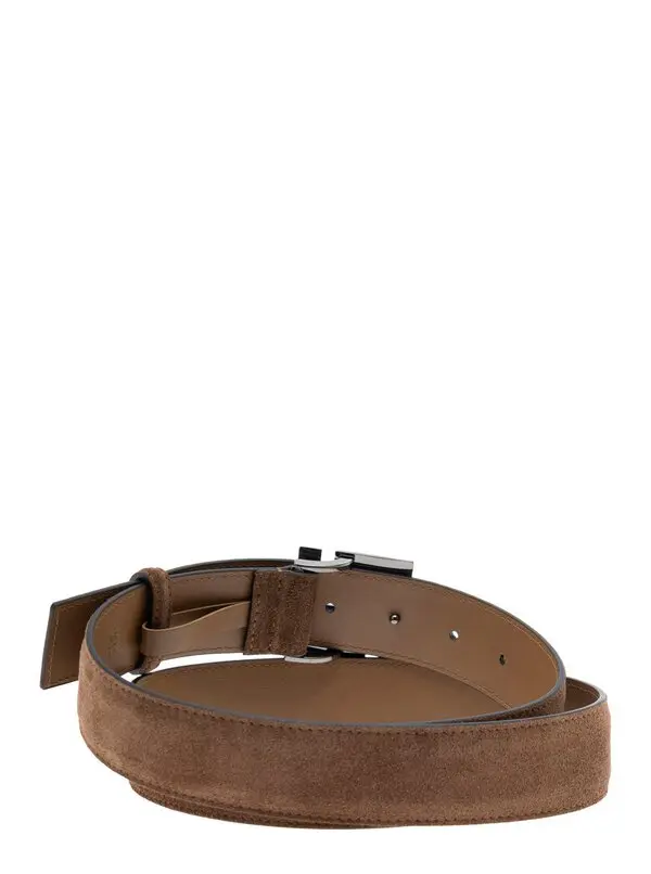 Fendi Brown Leather Belt With Ff Buckle In Suede