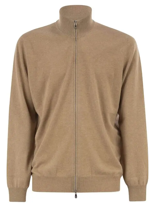 Brunello Cucinelli High-necked Cashmere Cardigan With Zip - Brown