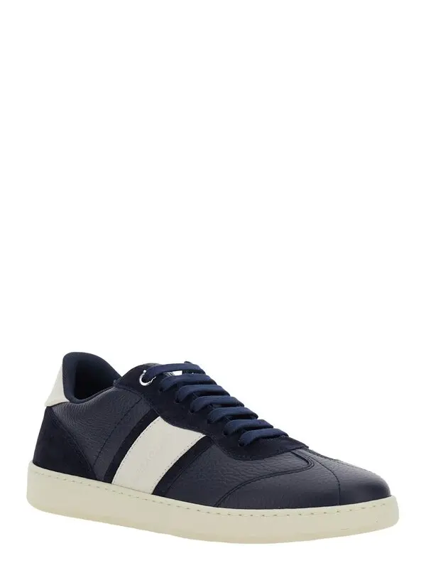 FERRAGAMO Achille' Blue Sneakers With Contrasting Heel And Logo Lettering On The Tongue In Leather - Multicolor