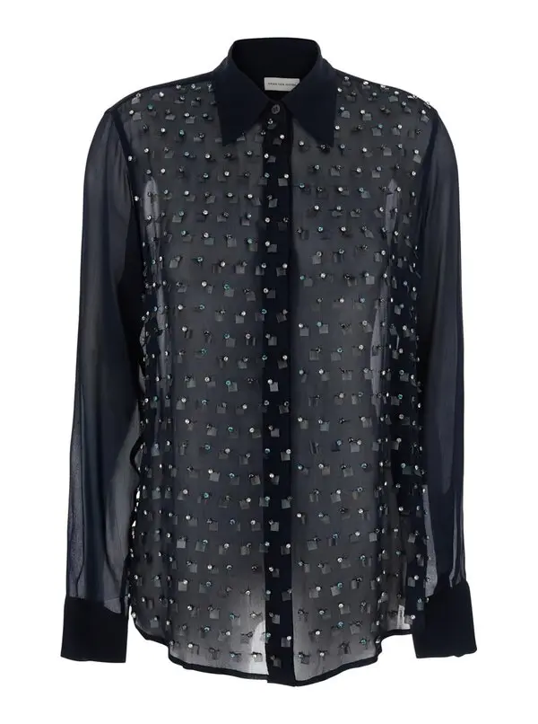 Dries Van Noten Blue Shirt With Pointed Collar And All-over Crystal Application In Viscose - Multicolor