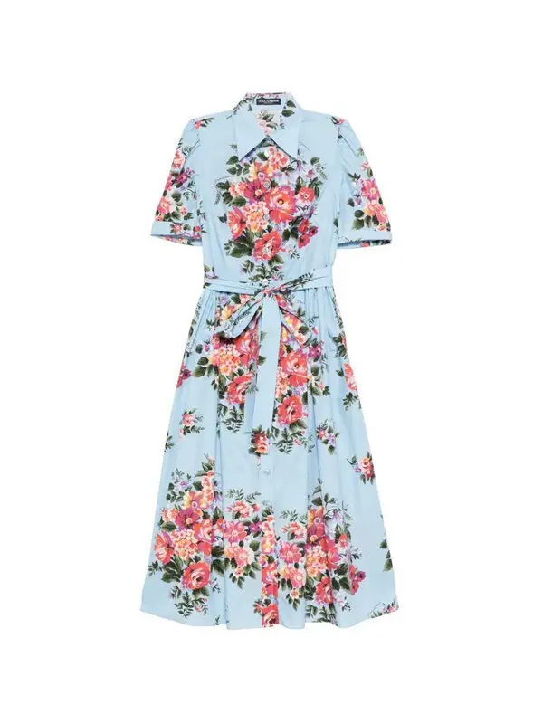 Dolce & Gabbana Floral Midi Dress With Belt - Blue