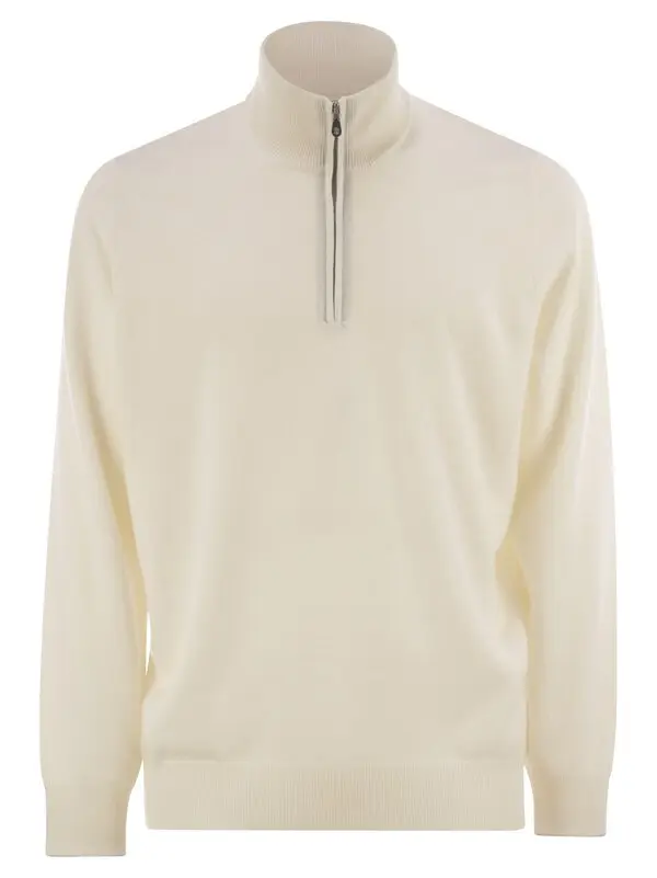 Brunello Cucinelli High-necked Cashmere Sweater With Zip Opening - Cream