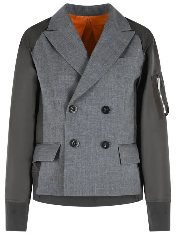 Sacai Blazer In Grey And Green Wool Blend