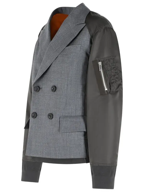 Sacai Blazer In Grey And Green Wool Blend
