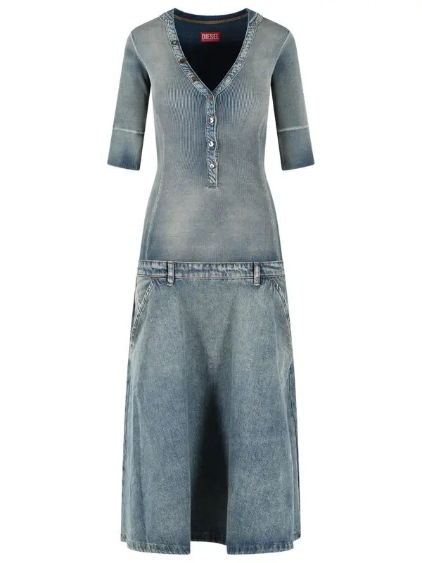 DIESEL® Low Waist 'de-anim-s' Midi Dress In Knit And Denim - Blue