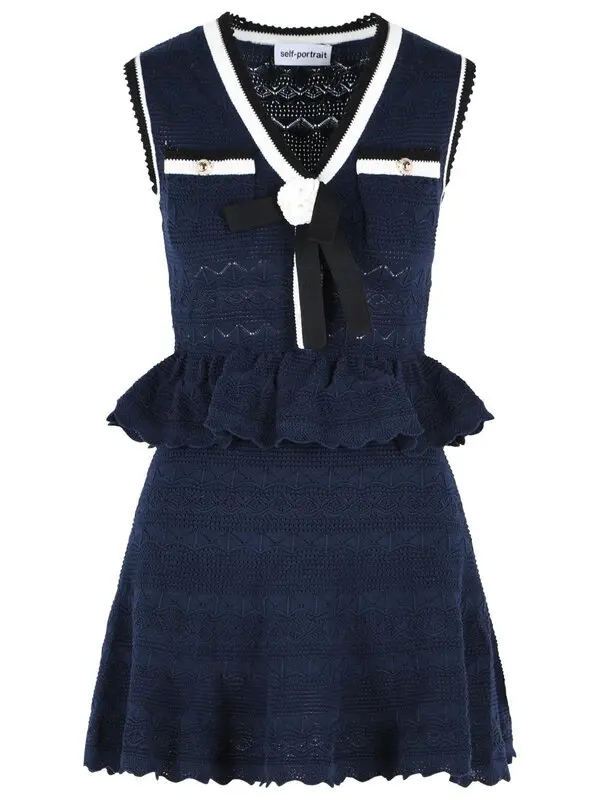 SELF-PORTRAIT Cotton Blend Openwork Knit Mini Dress - Blue
