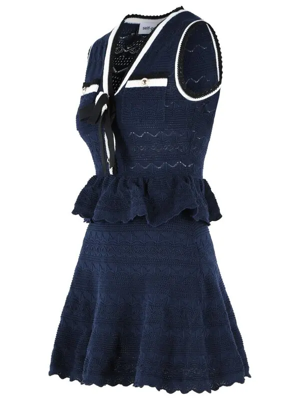 SELF-PORTRAIT Cotton Blend Knit Mini Dress - Blue
