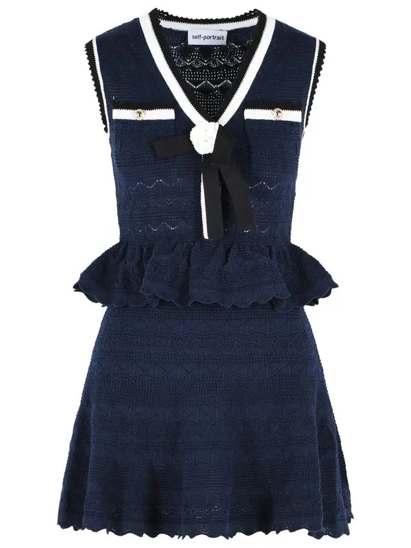 SELF-PORTRAIT Cotton Blend Knit Mini Dress - Blue