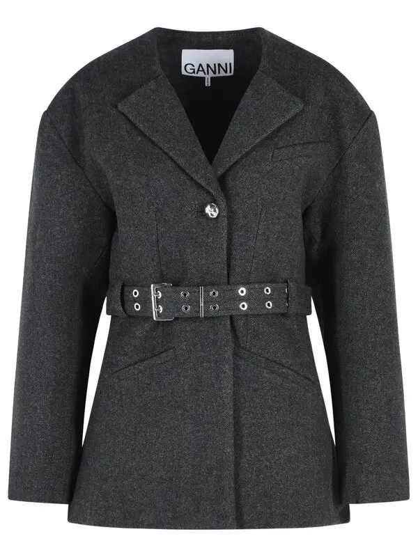 GANNI Peacoat' Grey Wool Blend Coat - Gray